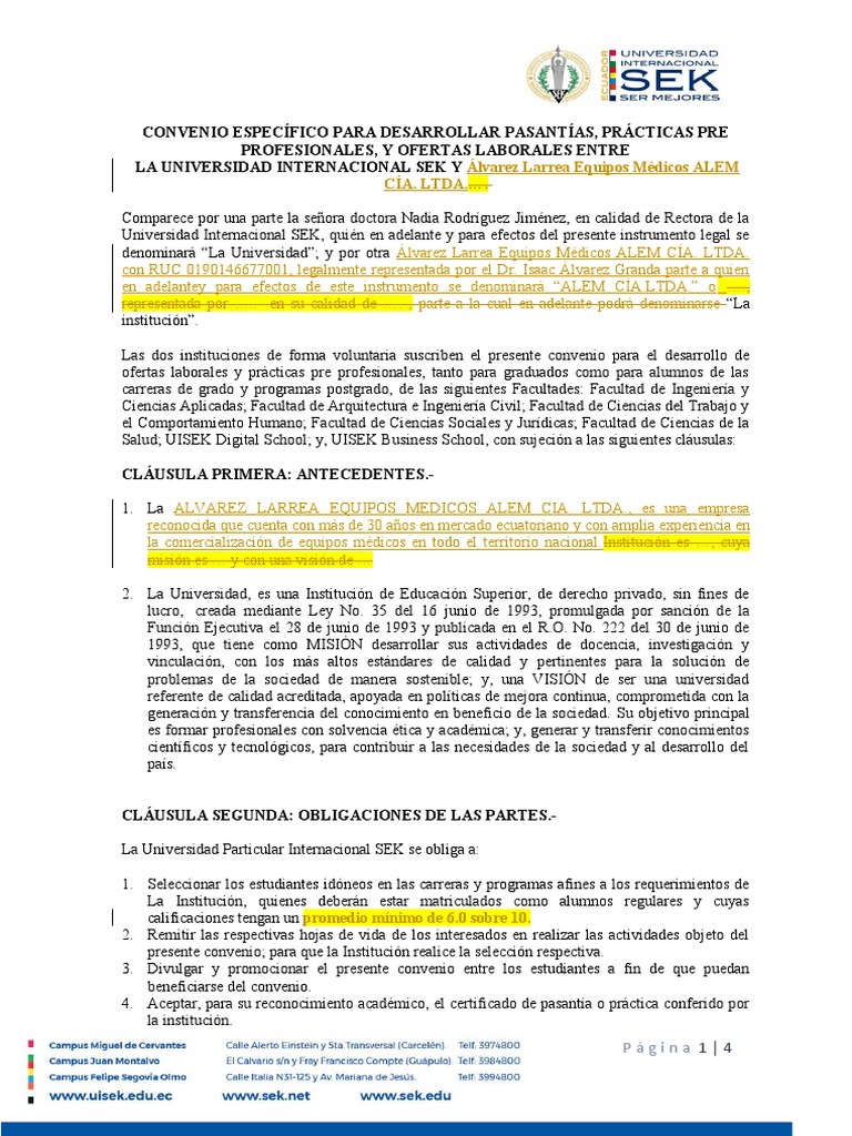 001 - Modelo Convenio Practicas Pre Profesionales Universidad Sek 2022 ...