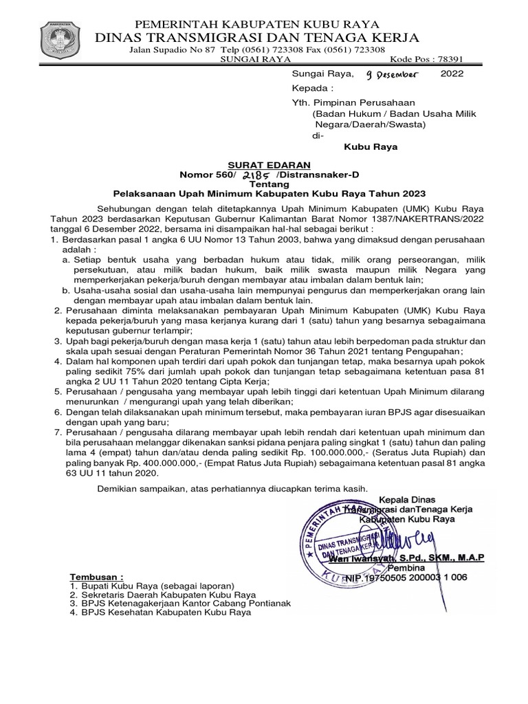 Surat Edaran Umk Kubu Raya 2023 | PDF