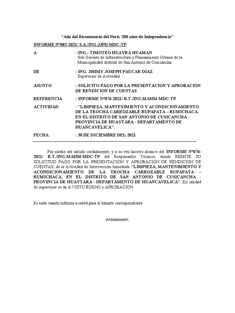 Informe N 76 - Solicito Pago Por Rendicion de Cuentas | PDF | Negocios | Finanzas y dinero