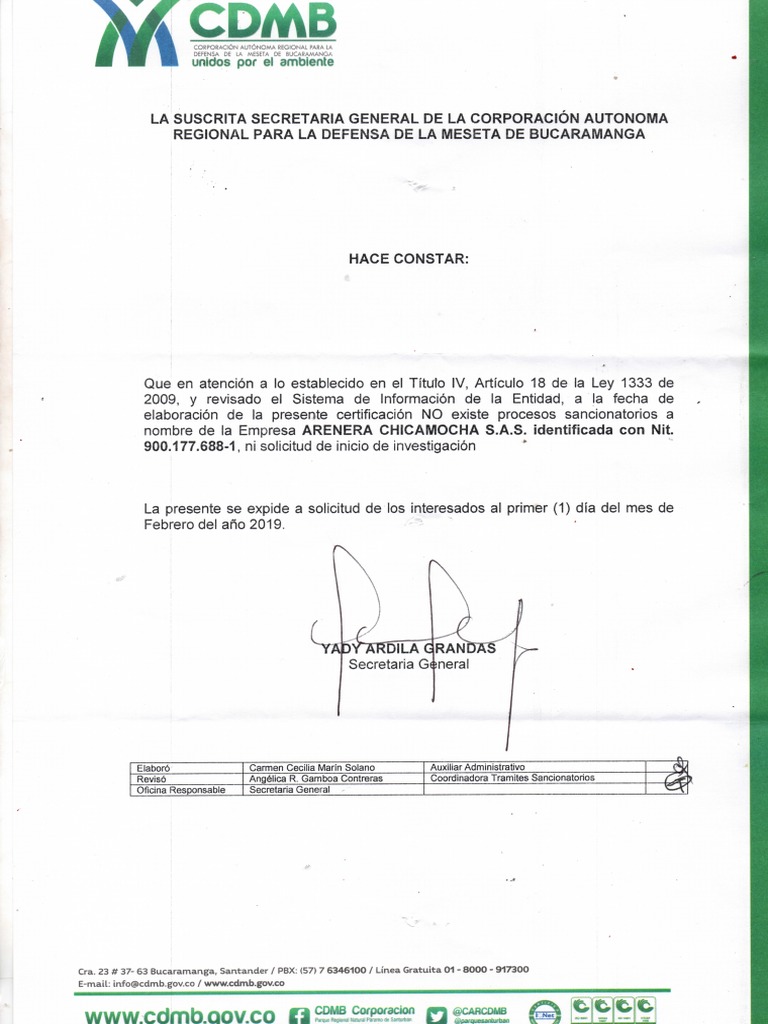 Certificacion CDMB | PDF