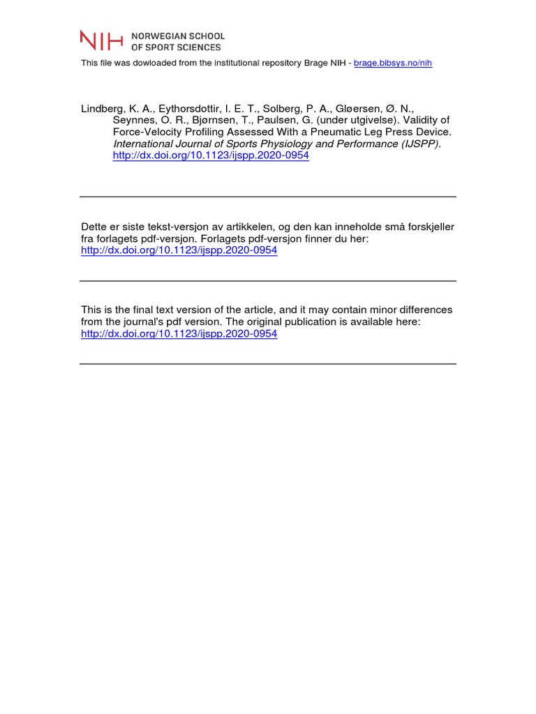 Validity of Force-Velocity Profiling Assessed With A Pneumatic Leg Press Device | PDF | Force ...