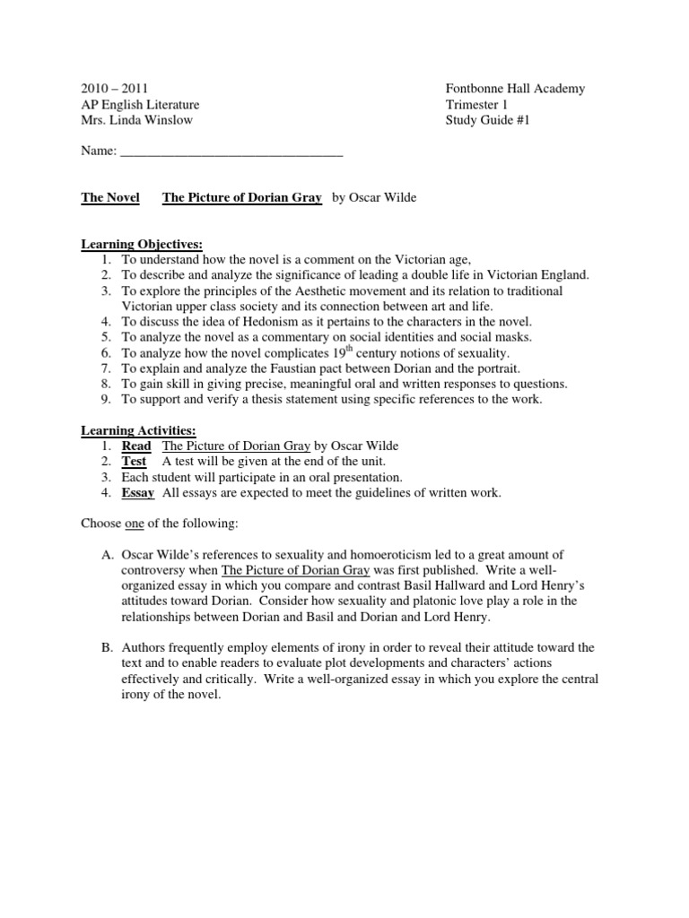 Dorian Gray Study Guide and Analysis | PDF | The Picture Of Dorian Gray ...