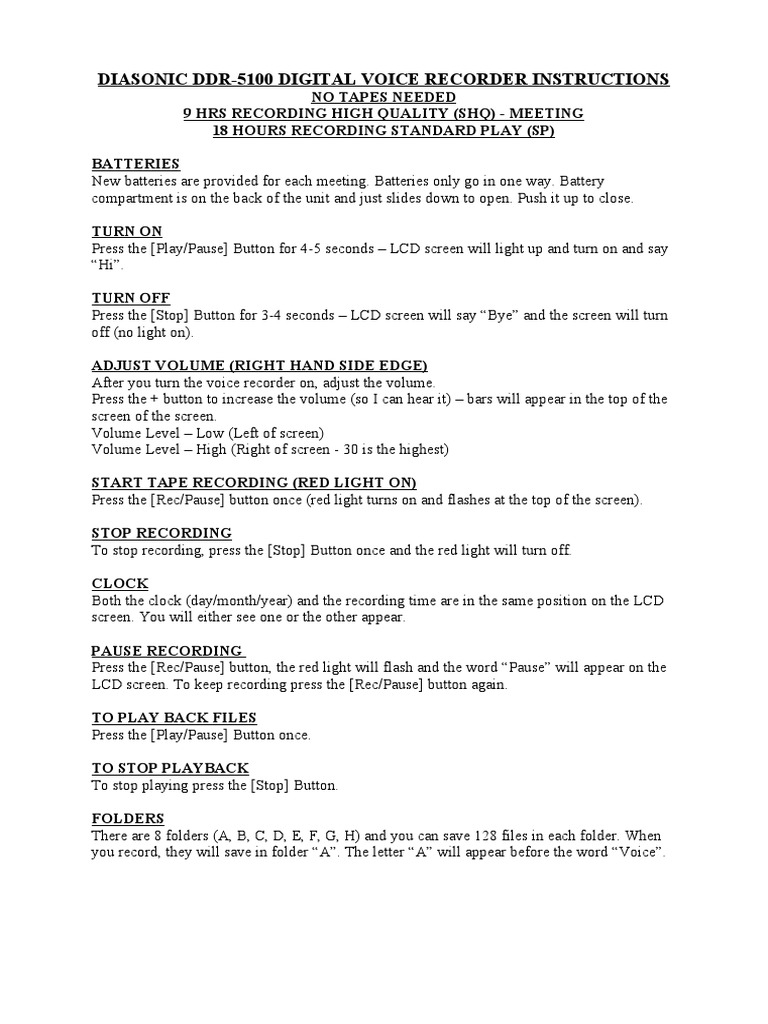 Diasonic DDR-5100 Digital Voice Recorder Instructions | PDF | Computing ...