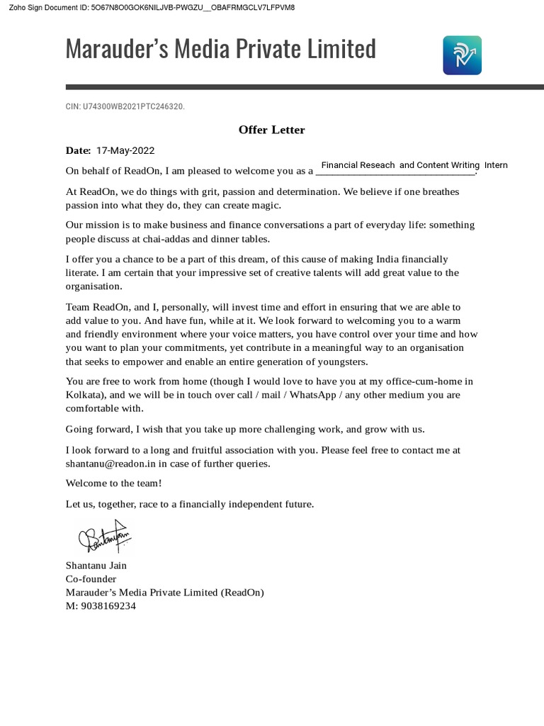 Internship Offer Letter | PDF | Confidentiality | Non Disclosure Agreement