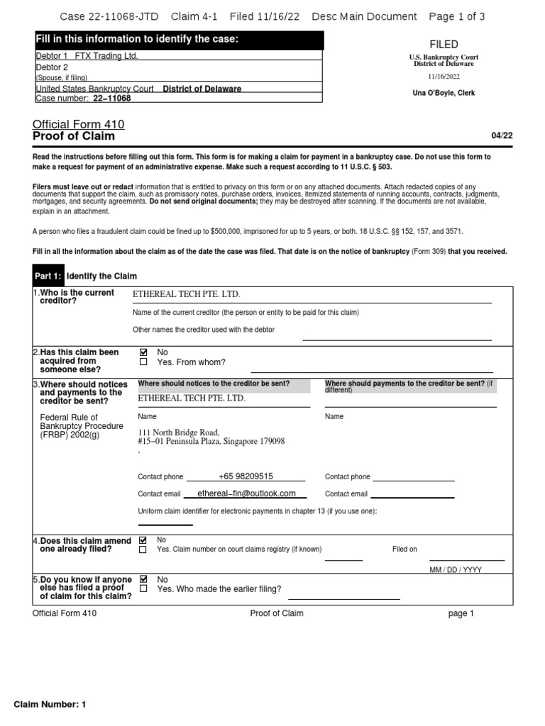 FTX Bankruptcy Proof of Claim Form | PDF | Bankruptcy | Bankruptcy In ...