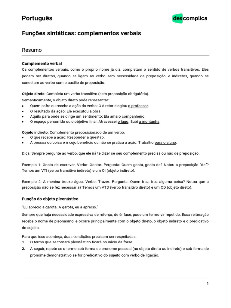 VOD Funções Sintáticas - Complementos Verbais 2019 | PDF | Objeto ...