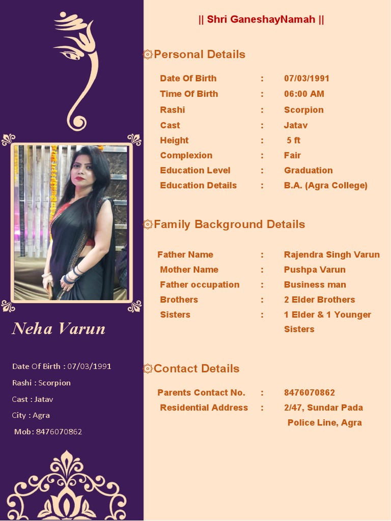 Marriage Biodata of Neha Varun | PDF