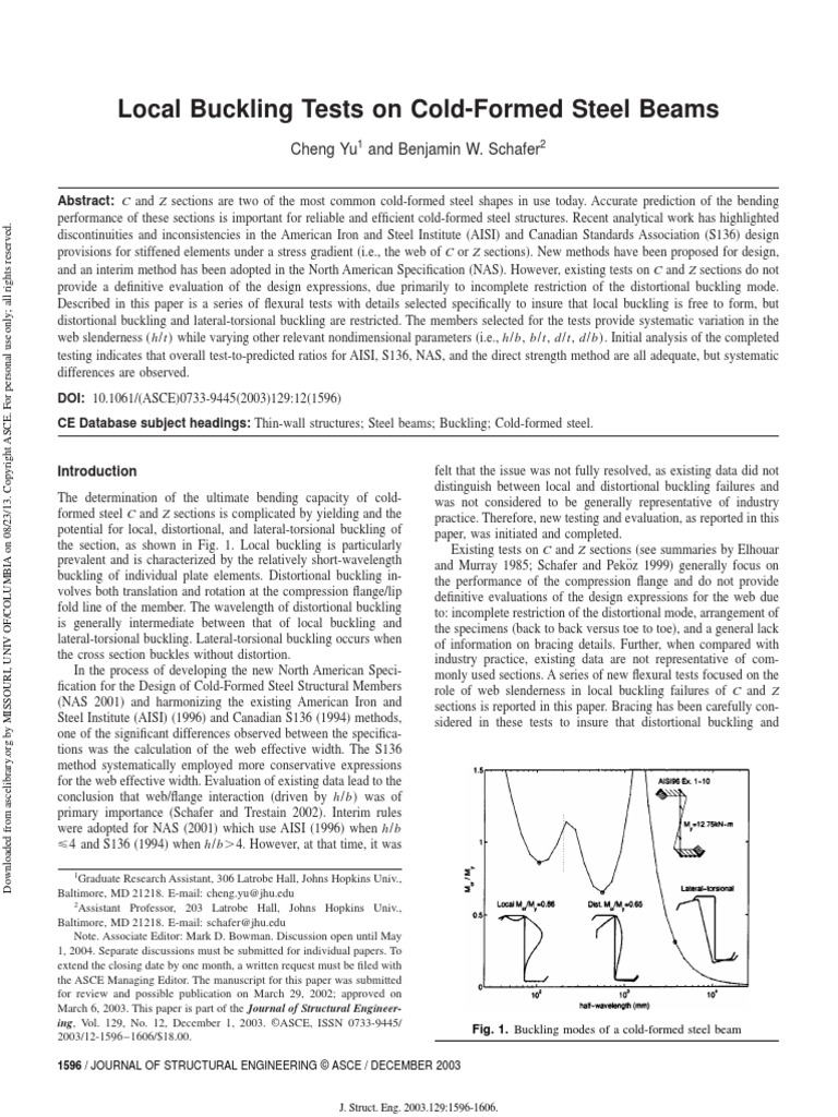 Local Buckling Tests On Cold-Formed Steel Beams by Yu 2003 | PDF ... Local Buckling Tests On Cold-Formed Steel Beams by Yu 2003 | PDF ...
