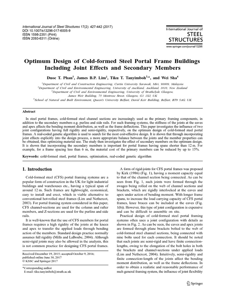 Optimum Design of Cold-Formed Steel Portal Frame Buildings by Phan 2017 ... Optimum Design of Cold-Formed Steel Portal Frame Buildings by Phan 2017 ...