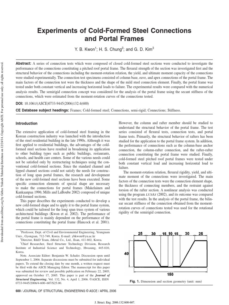 Experiments of Cold-Formed Steel Connections and Portal Frame by Kwon ...