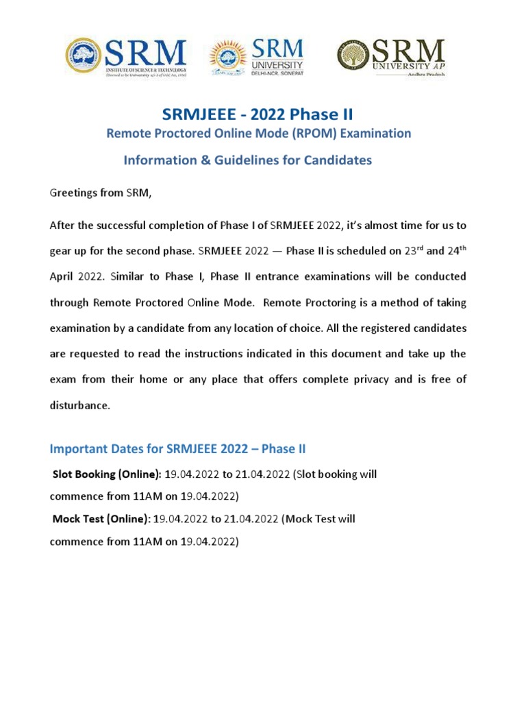 SRMJEEE 2022 Phase II Instruction | PDF | Test (Assessment) | Computing