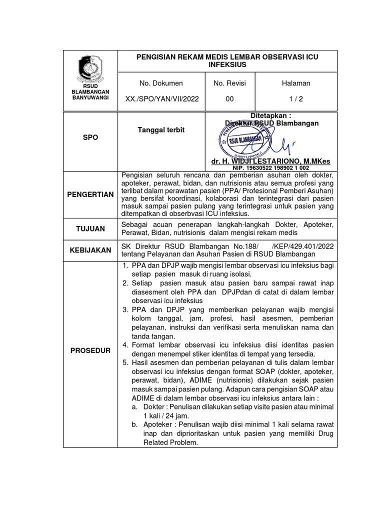 Spo Pengisian Rekam Medis Lembar Observasi Icu Infeksius | PDF