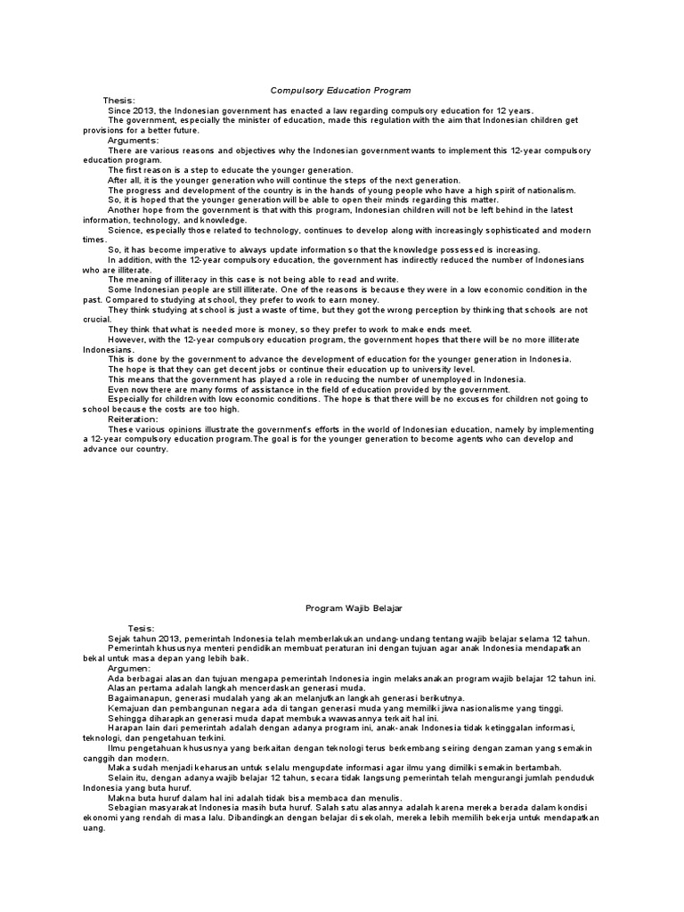 Arguments:: Compulsory Education Program | PDF | Literacy | Reason
