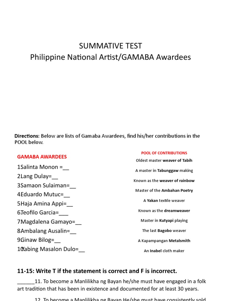 National Artist and Gamaba Long Test | PDF | Philippines | Works