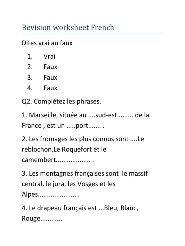 Revision Worksheet French Part 1 | PDF | Voyages | Études des langues ...