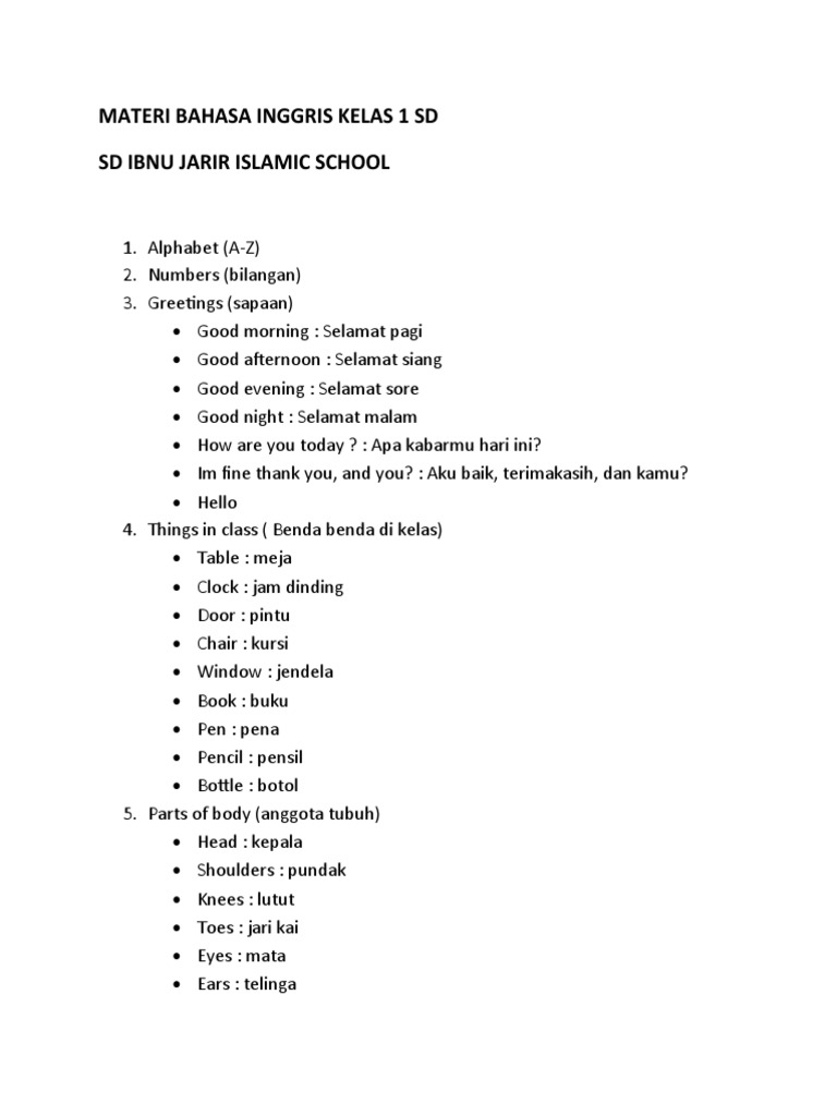 Materi Bahasa Inggris Kelas 1 Semester I Ibj | PDF