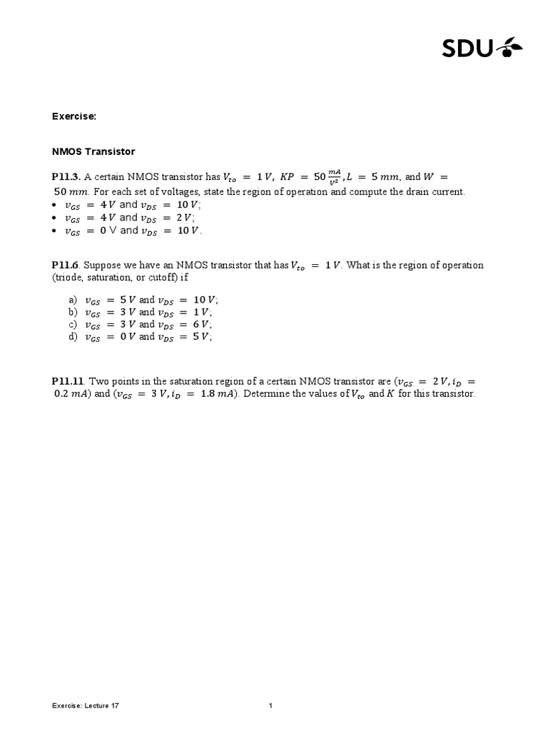 NMOS & PMOS Transistor Exercises | PDF | Science & Mathematics