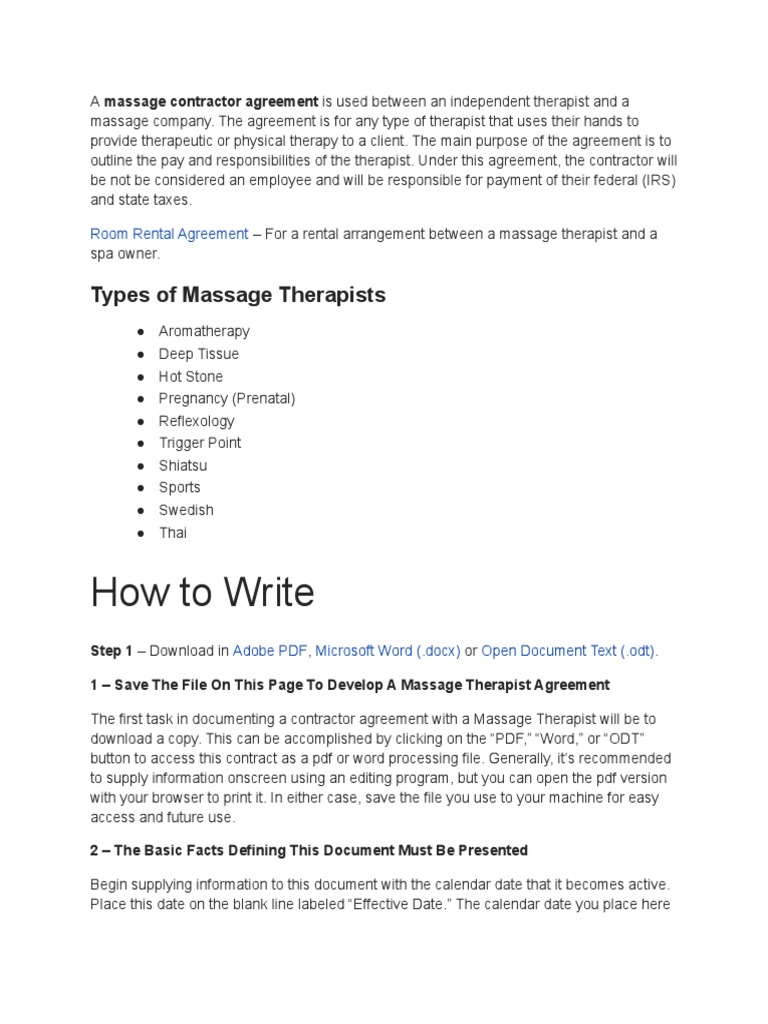 How To Write A Massage Contractor Agreement | PDF | Massage