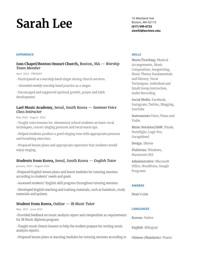 Sarah Lee Resume | PDF | Music Education | Singing