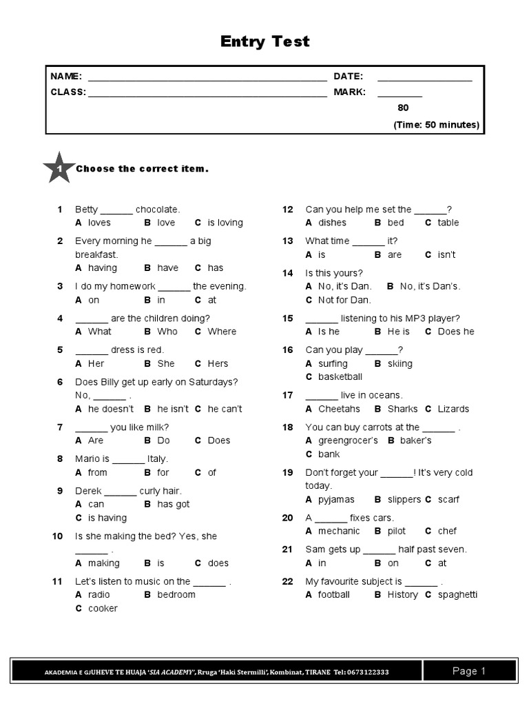 Fairyland 5 Entry Test | PDF