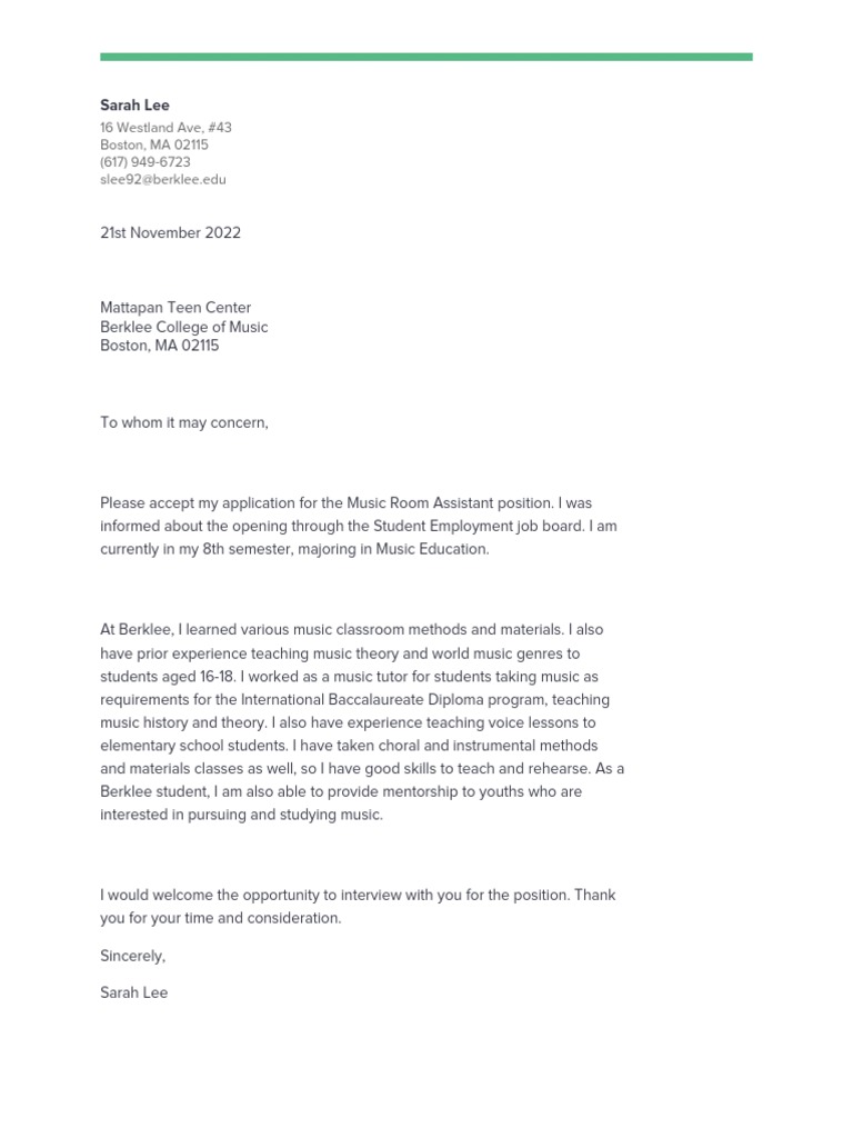 Music Room Assistant Application Letter | PDF