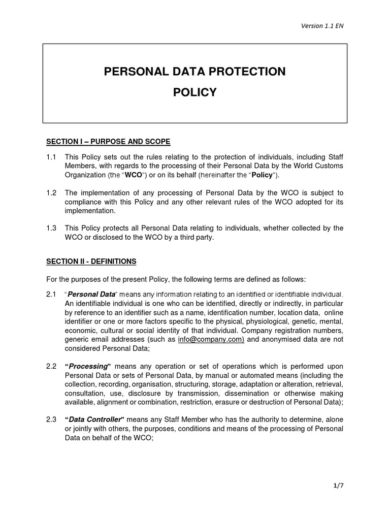 Personal Data Protection Policy En Pdf Information Privacy Consent