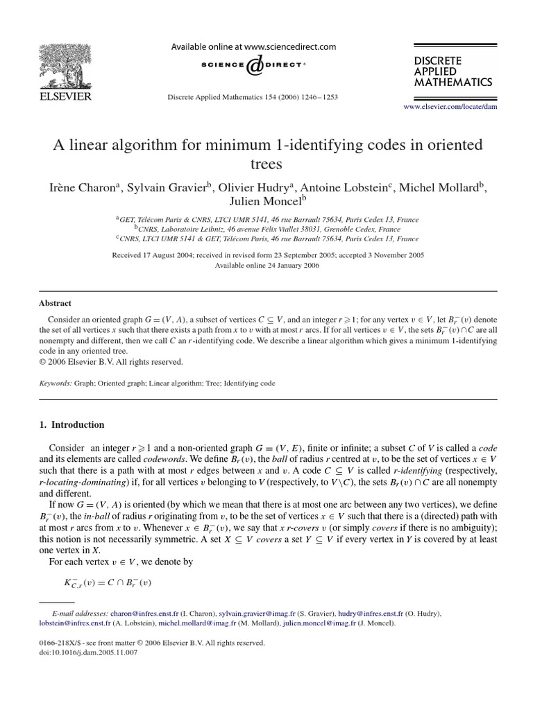A Linear Algorithm For Minimum 1 Identifying Codes 2006 Discrete Applied Mat Pdf 