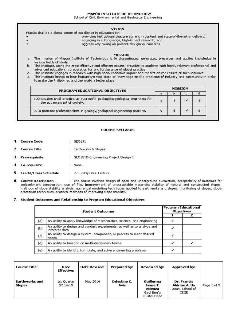 GEO191 Earth Wrks Slopes OBTL Syllabus | PDF | Engineering | Design