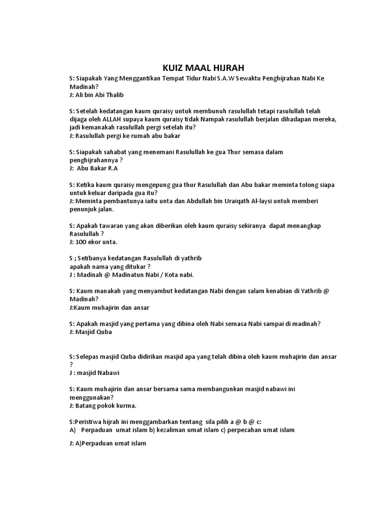 Kuiz Dan Jawapan Sempena Maal Hijrah (29 Jul 2022) | PDF | Agama & Spiritualitas