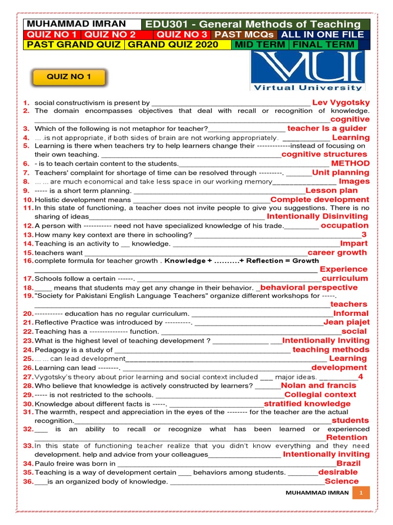 Edu301 (Quiz 1) (Mid Term MCQS) Final Term (All in One File) | PDF ...