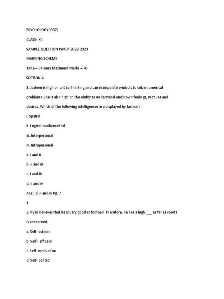 Psy Sample Paper Answer | PDF | Attitude (Psychology) | Psychotherapy