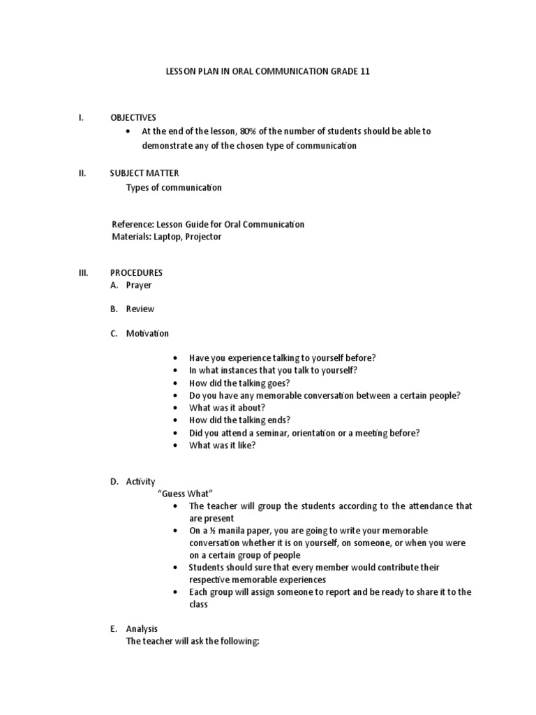 Lesson Plan in Oral Communication Grade 11 | PDF | Communication ...