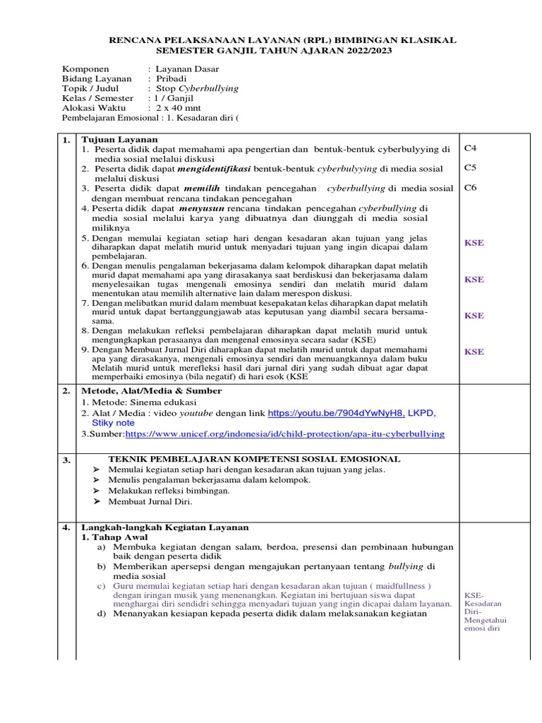 RPL Bimbingan Klasikal Pembelajaran SOSIAL EMOSIONAL | PDF