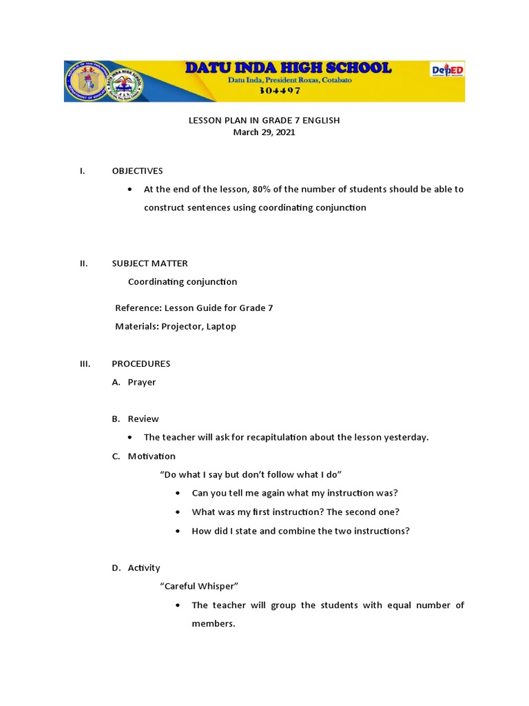 LESSON PLAN in GRADE 7 (Coordinating Conjunction) | PDF | Sentence ...