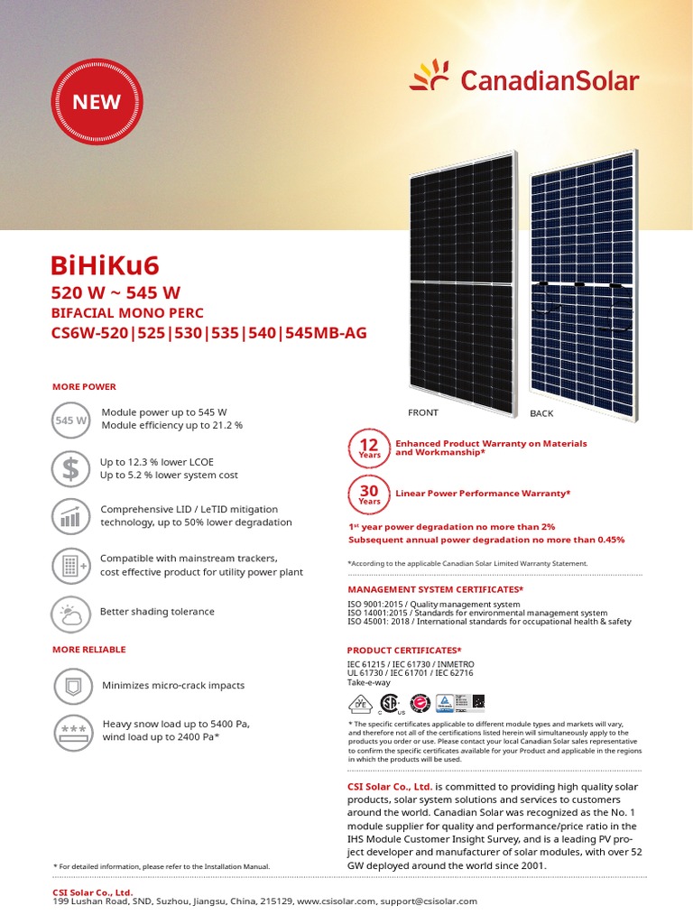 Canadian Solar Datasheet BiHiKu6 CS6W MB AG v1.5 en | PDF | Solar Power ...