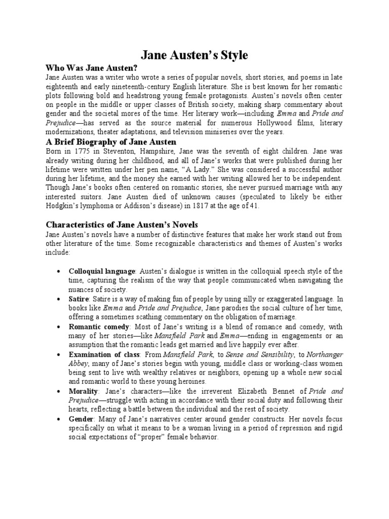 Jane Austen's Style | PDF | Pride And Prejudice | Jane Austen