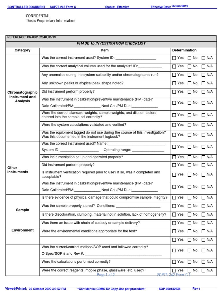 Phase 1b Investigation Checklist | PDF | Calibration | Chromatography