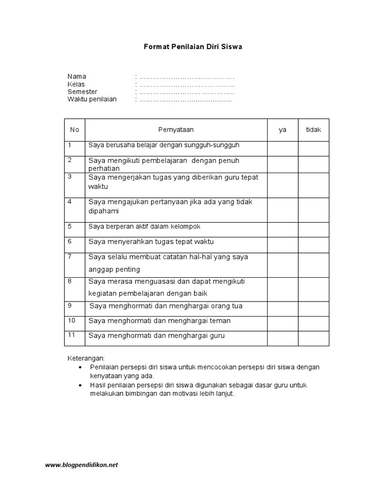 Contoh Format Dan Instrumen Penilaian Diri Siswa 2 | PDF