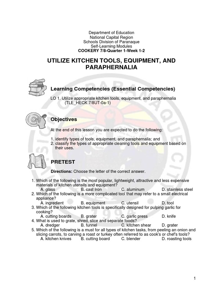 TLE 7 and 8 Cookery Week1 2 | PDF | Kitchen Utensil | Knife