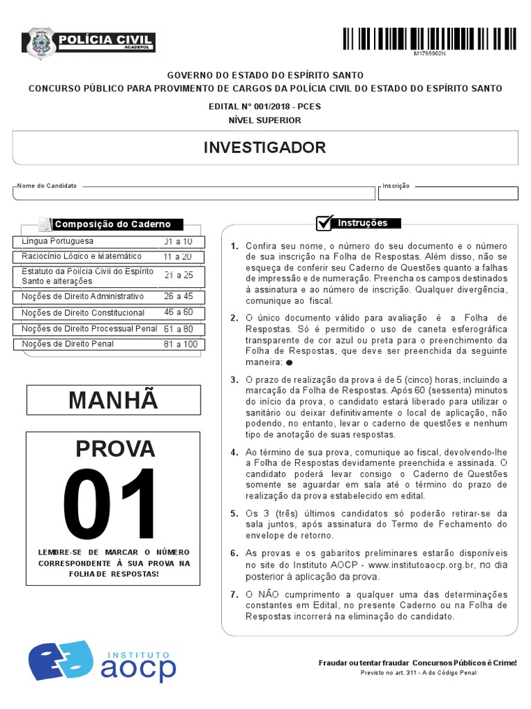 Instituto Aocp 2019 PC Es Investigador Prova | PDF | Serviços públicos ...