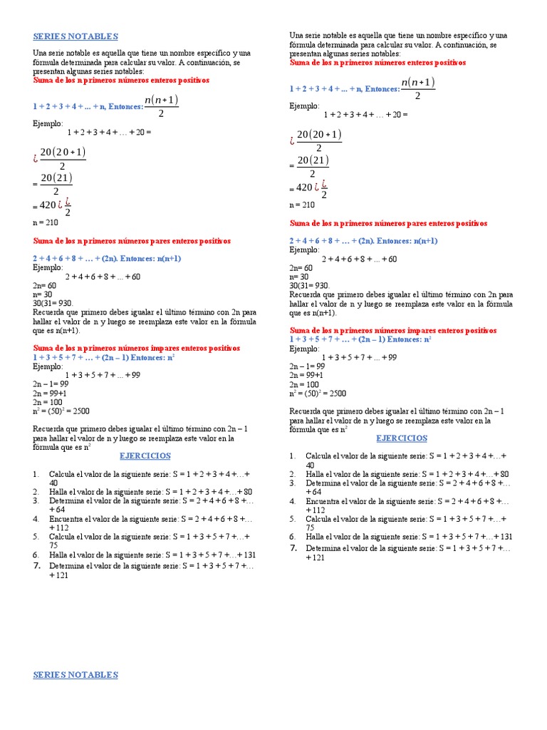 Fórmulas de Series Notables y Ejercicios | PDF | Matemáticas | Aritmética