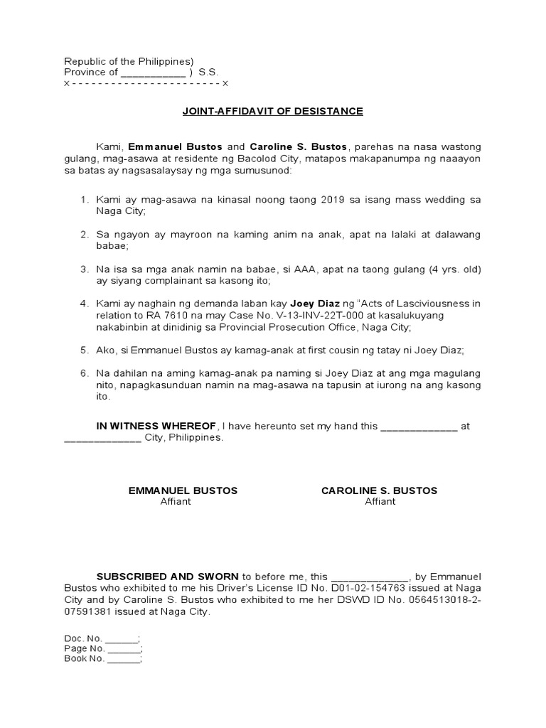 Affidavit of Desistance (Tagalog) | PDF