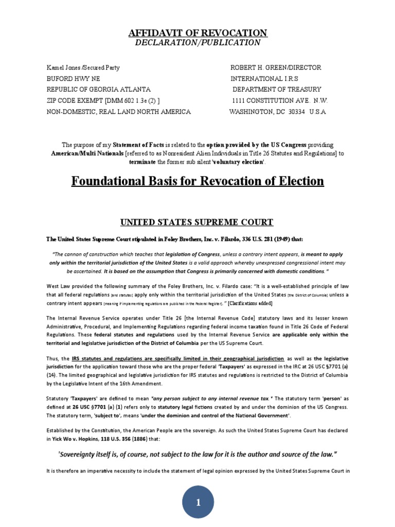 Affidavit of Revocation of Tax Election | PDF | Income Tax In The ...