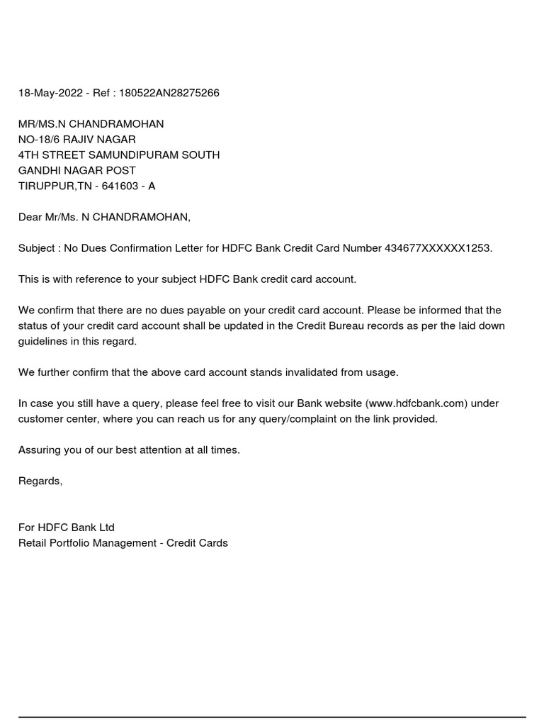 HDFC Credit Card No Dues Certificate | PDF