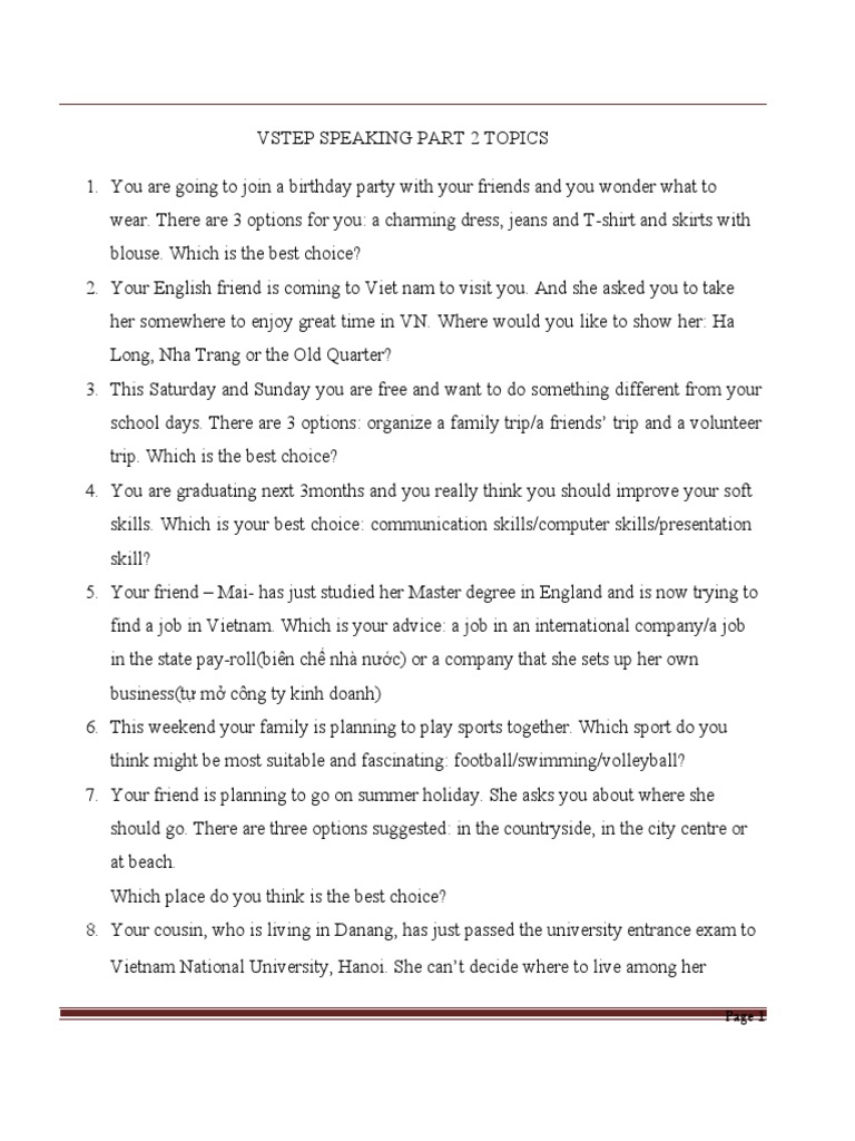 Vstep Speaking Part 3 Topics | PDF