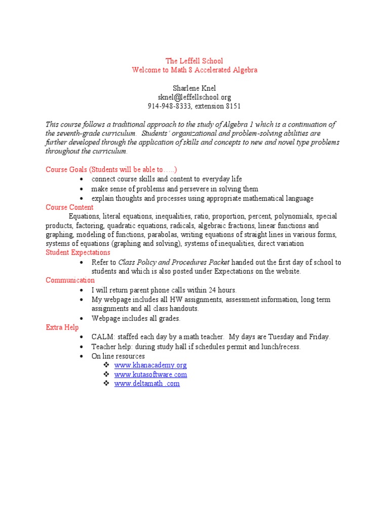 Math 8 Accelerated Course Overview Parent Information | PDF