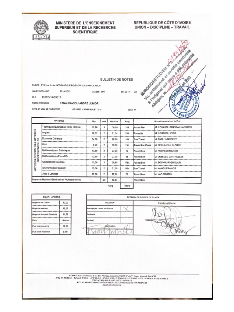 Relevé de Notes 1ère Année Du Brevet de Technicien Supérieur en ...