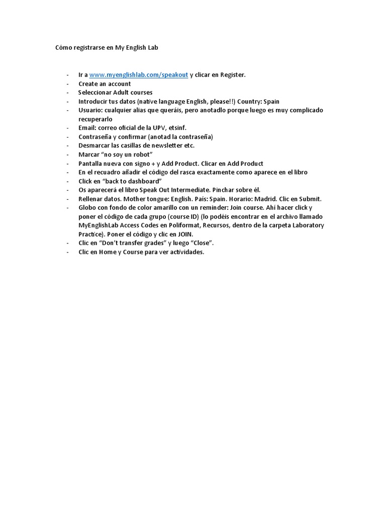 Registro en My English Lab paso a paso | PDF | Crecimiento personal y ...