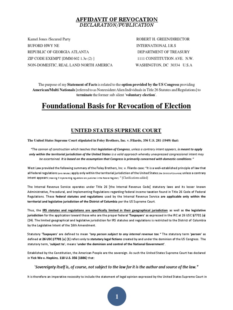 Revocation of IRS Tax Election Affidavit | PDF | Income Tax In The ...