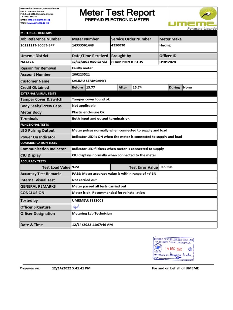 Meter Test Report | PDF